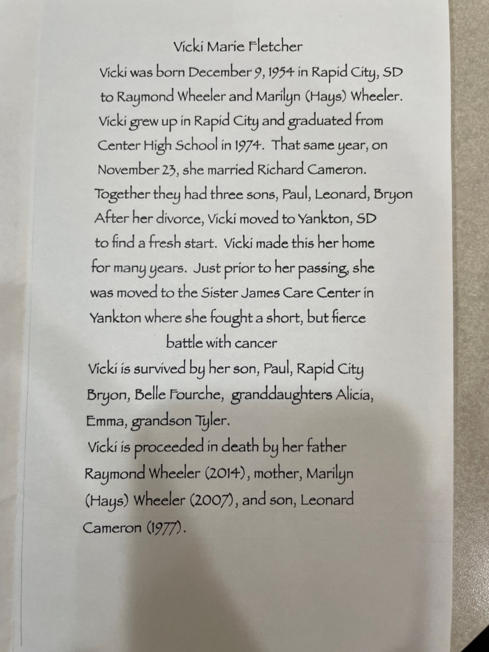 Vicki Wheeler (Fletcher) (Deceased), Rapid City, SD South Dakota